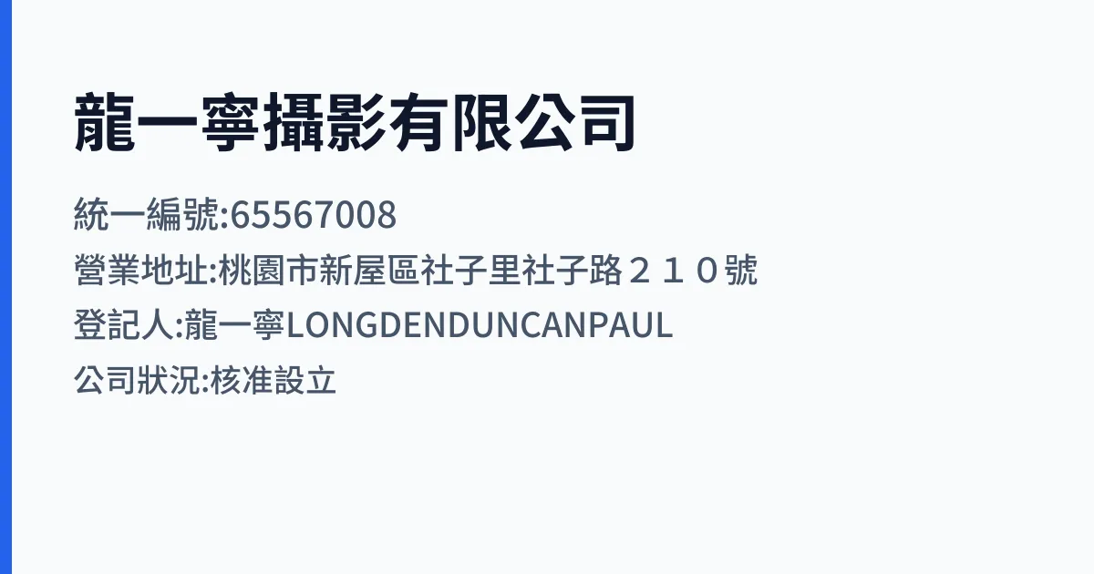 龍一寧攝影有限公司 - 統編 65567008(桃園市) 公司登記資料與營業項目詳細圖表