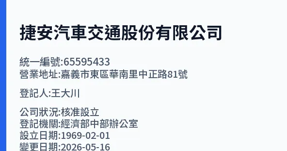 捷安汽車交通股份有限公司的照片-統編 65595433(嘉義市) 公司登記資料與營業項目詳細圖表