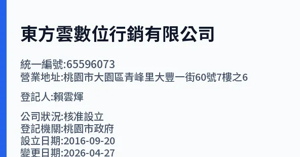 東方雲數位行銷有限公司的照片-統編 65596073(桃園市) 公司登記資料與營業項目詳細圖表
