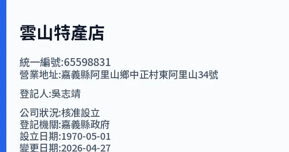 雲山特產店的照片-統編 65598831(嘉義縣) 公司登記資料與營業項目詳細圖表