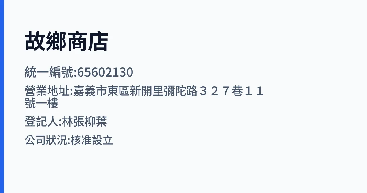 故鄉商店 - 統編 65602130(嘉義市) 公司登記資料與營業項目詳細圖表