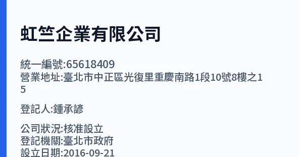 虹竺企業有限公司的照片-統編 65618409(臺北市) 公司登記資料與營業項目詳細圖表