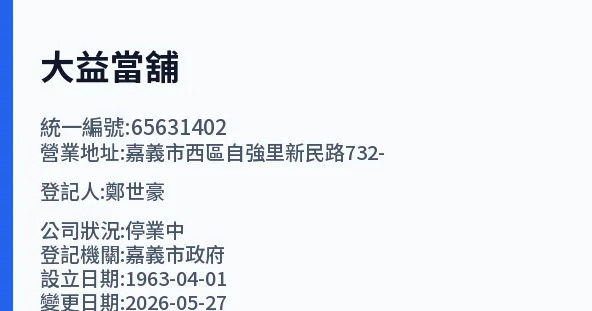 大益當舖的照片-統編 65631402(嘉義市) 公司登記資料與營業項目詳細圖表