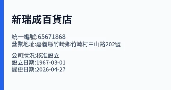 新瑞成百貨店的照片-統編 65671868(嘉義縣) 公司登記資料與營業項目詳細圖表