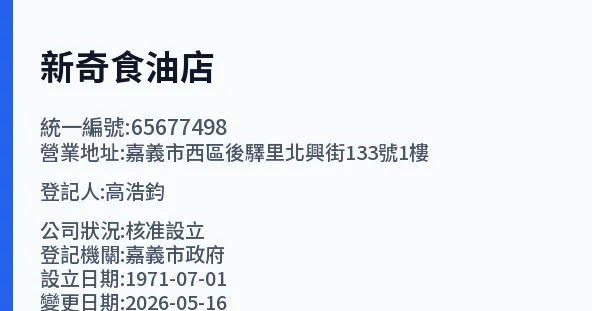 新奇食油店的照片-統編 65677498(嘉義市) 公司登記資料與營業項目詳細圖表