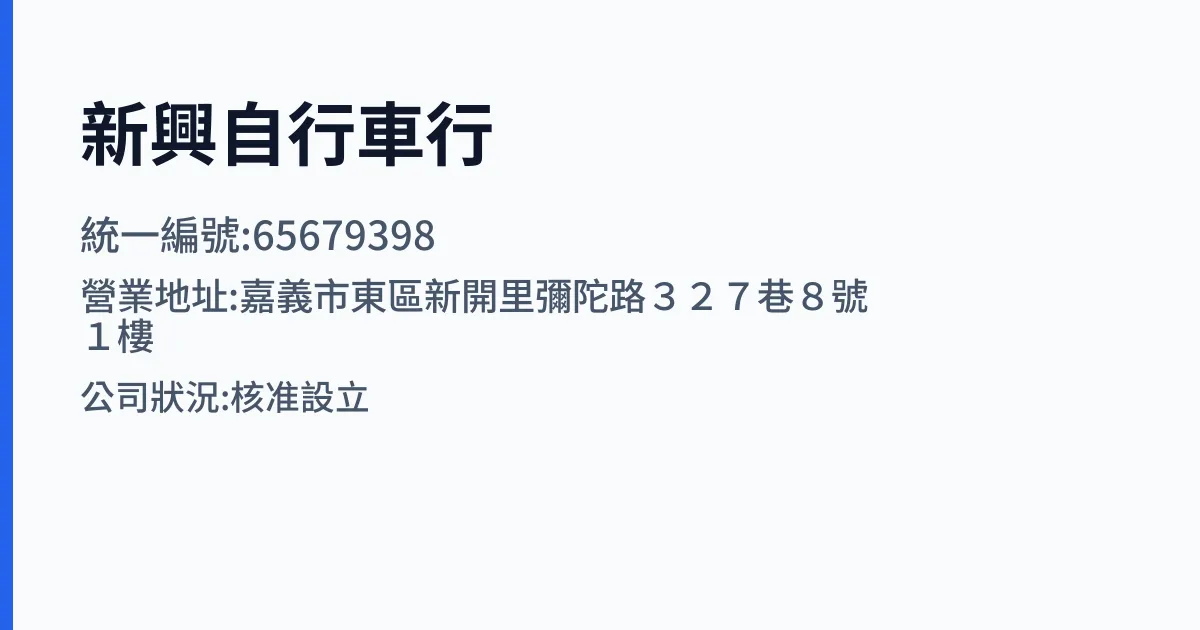 新興自行車行 - 統編 65679398(嘉義市) 公司登記資料與營業項目詳細圖表