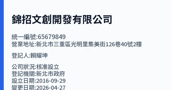 錦招文創開發有限公司的照片-統編 65679849(新北市) 公司登記資料與營業項目詳細圖表