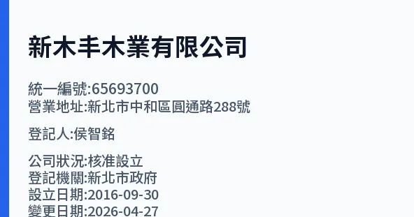 新木丰木業有限公司的照片-統編 65693700(新北市) 公司登記資料與營業項目詳細圖表