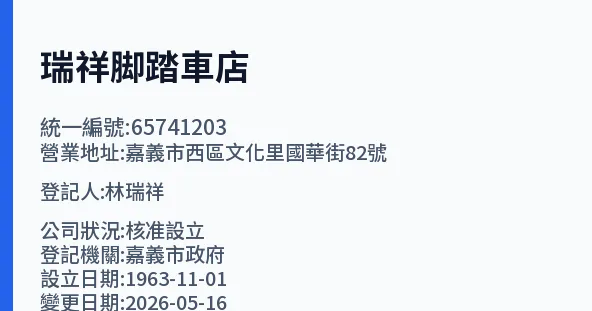 瑞祥脚踏車店的照片-統編 65741203(嘉義市) 公司登記資料與營業項目詳細圖表