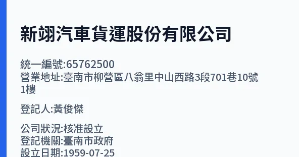 新翊汽車貨運股份有限公司的照片-統編 65762500(臺南市) 公司登記資料與營業項目詳細圖表