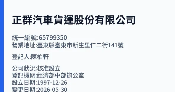 正群汽車貨運股份有限公司的照片-統編 65799350(臺東縣) 公司登記資料與營業項目詳細圖表