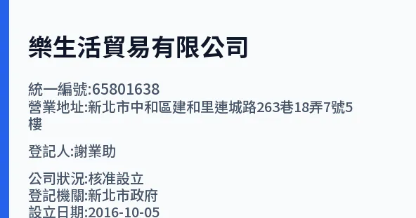 樂生活貿易有限公司的照片-統編 65801638(新北市) 公司登記資料與營業項目詳細圖表