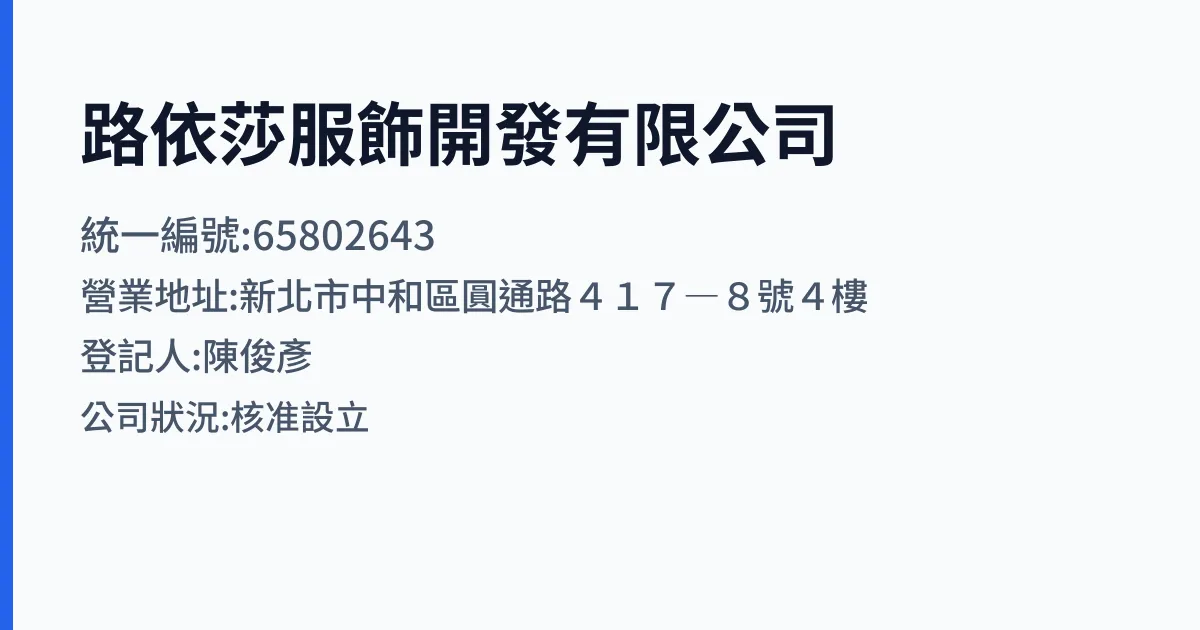 路依莎服飾開發有限公司 - 統編 65802643(新北市) 公司登記資料與營業項目詳細圖表