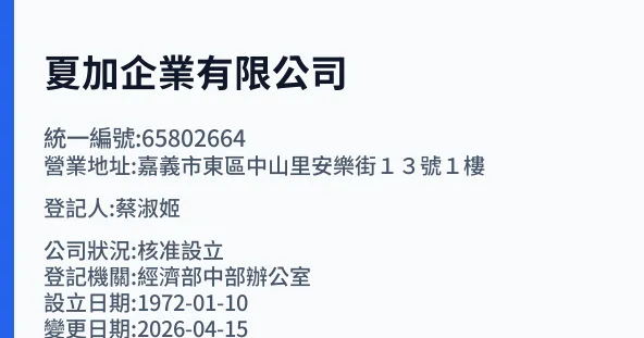 夏加企業有限公司的照片-統編 65802664(嘉義市) 公司登記資料與營業項目詳細圖表
