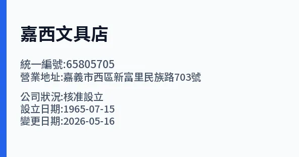 嘉西文具店的照片-統編 65805705(嘉義市) 公司登記資料與營業項目詳細圖表