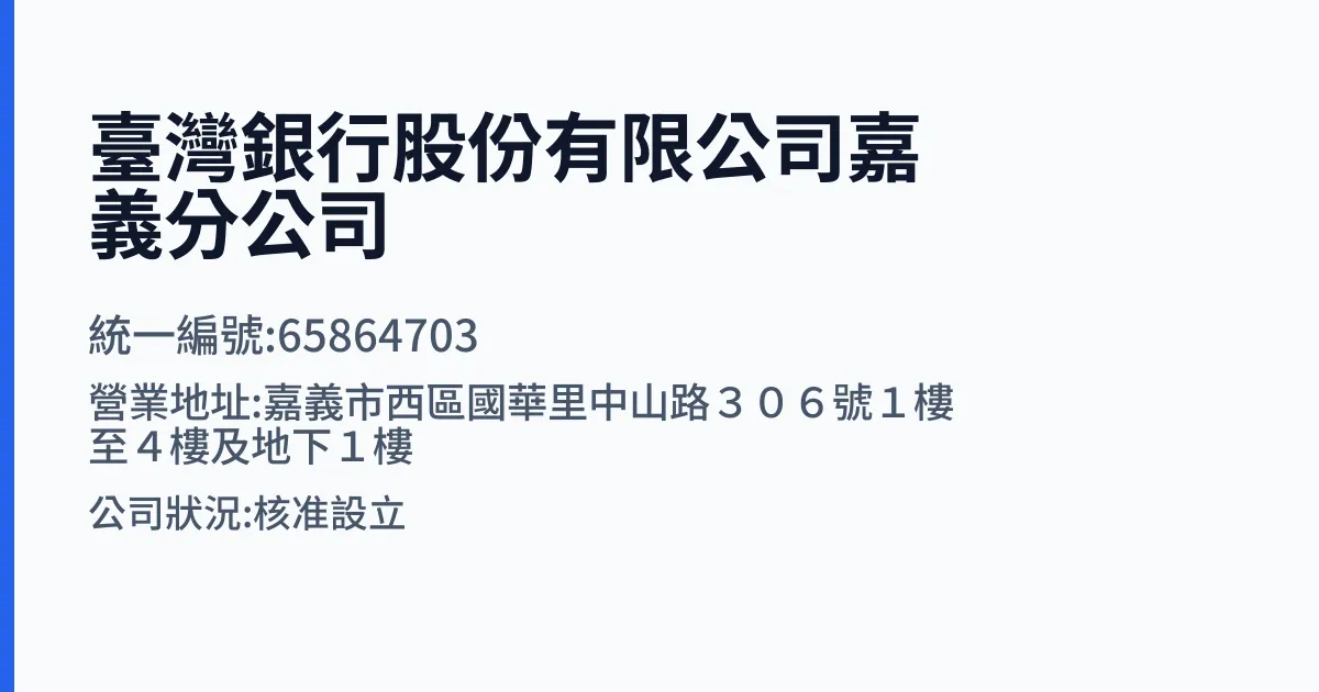 臺灣銀行股份有限公司嘉義分公司 - 統編 65864703(嘉義市) 公司登記資料與營業項目詳細圖表