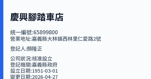 慶興腳踏車店的照片-統編 65899800(嘉義縣) 公司登記資料與營業項目詳細圖表