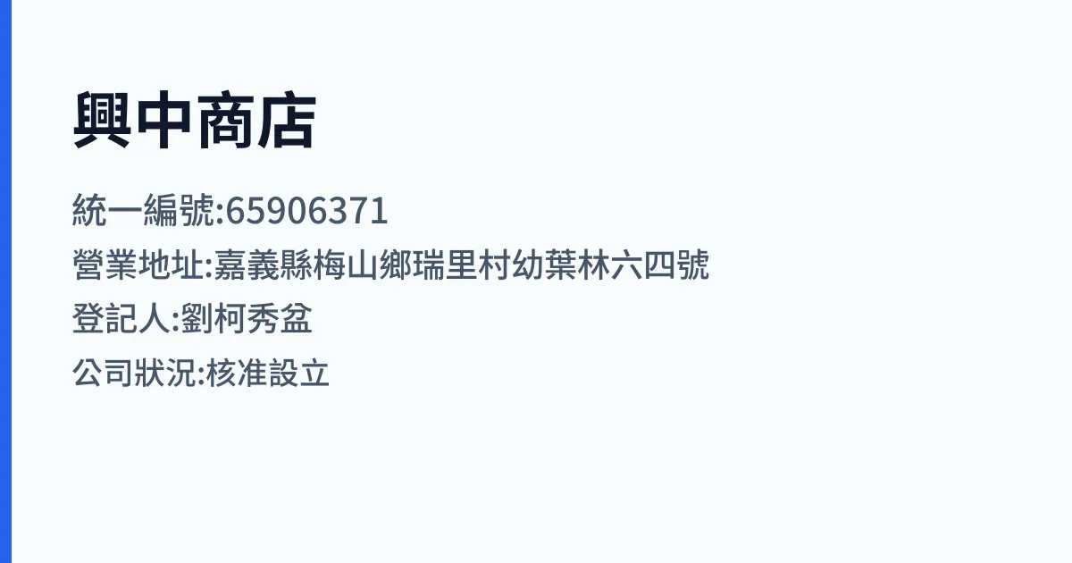 興中商店 - 統編 65906371(嘉義縣) 公司登記資料與營業項目詳細圖表