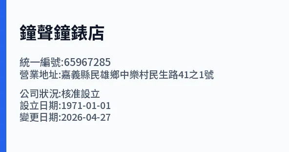 鐘聲鐘錶店的照片-統編 65967285(嘉義縣) 公司登記資料與營業項目詳細圖表