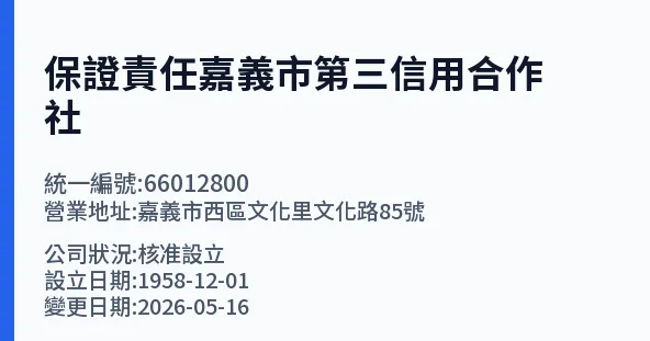 保證責任嘉義市第三信用合作社的照片-統編 66012800(嘉義市) 公司登記資料與營業項目詳細圖表