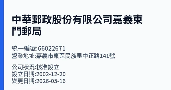 中華郵政股份有限公司嘉義東門郵局的照片-統編 66022671(嘉義市) 公司登記資料與營業項目詳細圖表