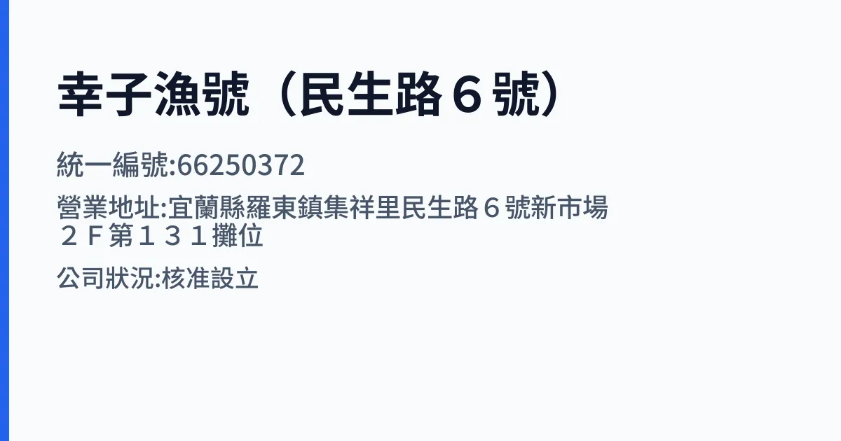 幸子漁號(民生路6號) - 統編 66250372(宜蘭縣) 公司登記資料與營業項目詳細圖表