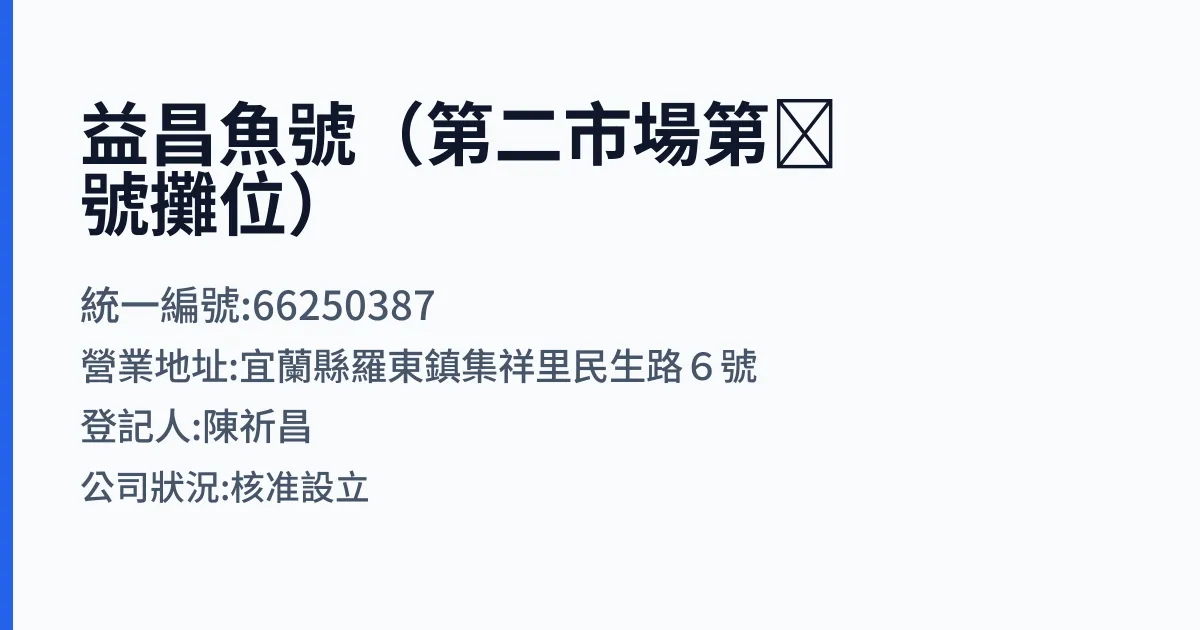 益昌魚號（第二市場第號攤位） - 統編 66250387(宜蘭縣) 公司登記資料與營業項目詳細圖表