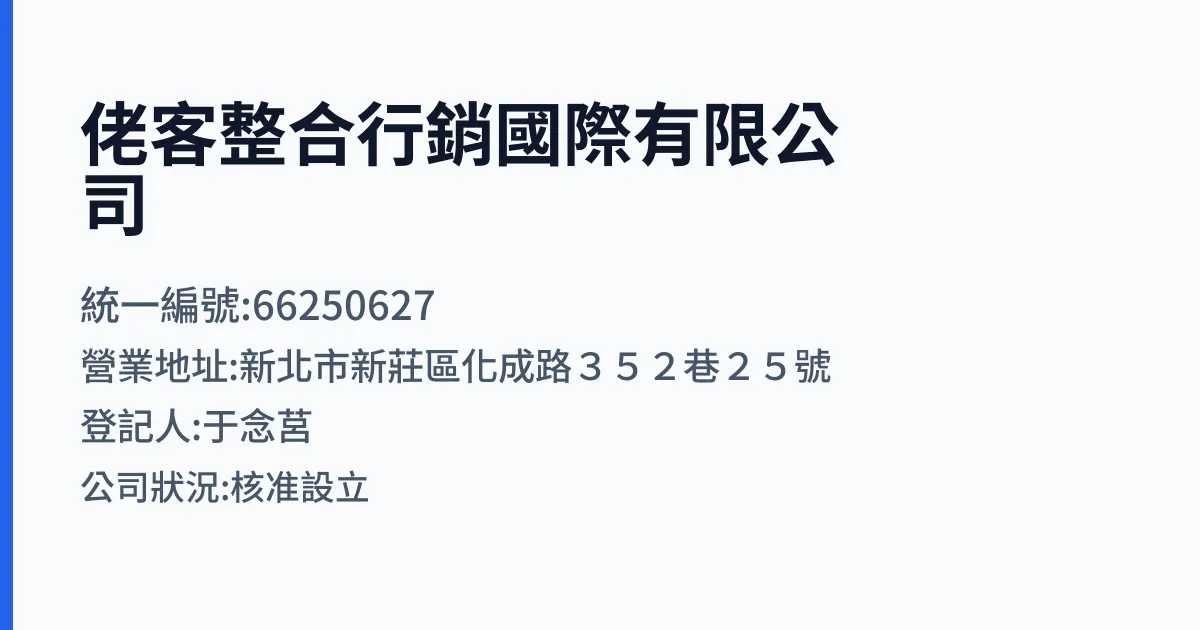 佬客整合行銷國際有限公司 - 統編 66250627(新北市) 公司登記資料與營業項目詳細圖表