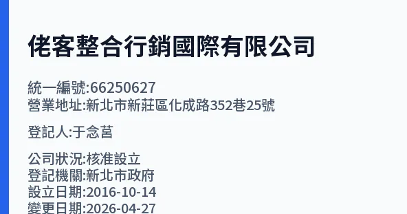 佬客整合行銷國際有限公司的照片-統編 66250627(新北市) 公司登記資料與營業項目詳細圖表