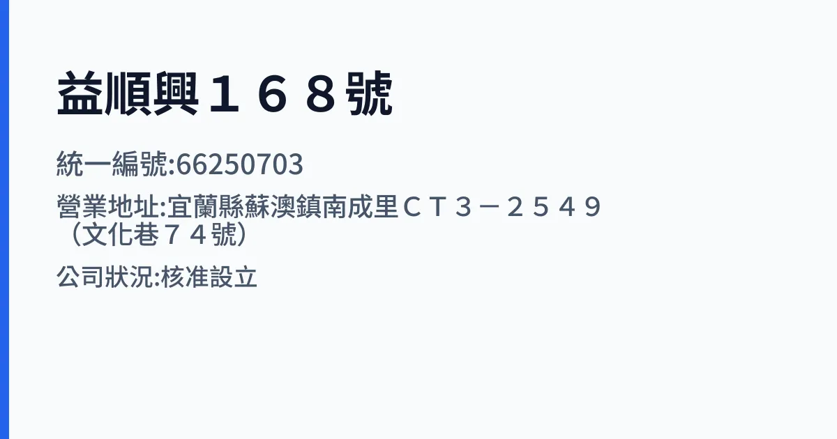 益順興１６８號 - 統編 66250703(宜蘭縣) 公司登記資料與營業項目詳細圖表
