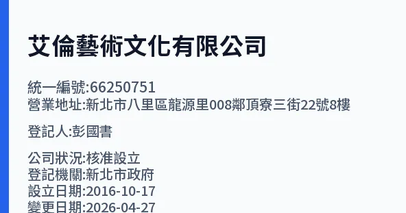 艾倫藝術文化有限公司的照片-統編 66250751(新北市) 公司登記資料與營業項目詳細圖表