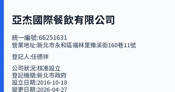 亞杰國際餐飲有限公司的照片-統編 66251631(新北市) 公司登記資料與營業項目詳細圖表