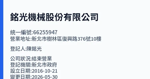銘光機械股份有限公司的照片-統編 66255947(新北市) 公司登記資料與營業項目詳細圖表