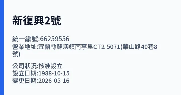 新復興2號的照片-統編 66259556(宜蘭縣) 公司登記資料與營業項目詳細圖表