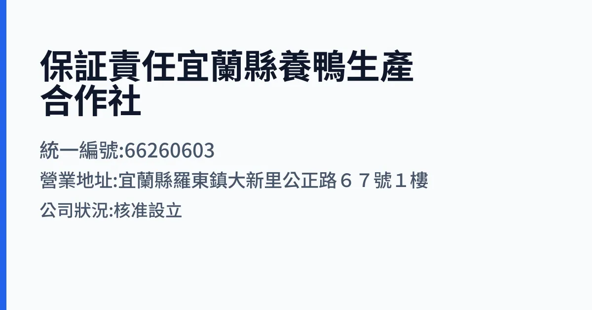 保証責任宜蘭縣養鴨生產合作社 - 統編 66260603（宜蘭縣） 公司登記資料與營業項目詳細圖表