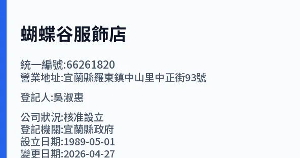 蝴蝶谷服飾店的照片-統編 66261820(宜蘭縣) 公司登記資料與營業項目詳細圖表