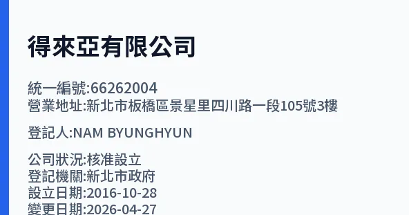 得來亞有限公司的照片-統編 66262004(新北市) 公司登記資料與營業項目詳細圖表