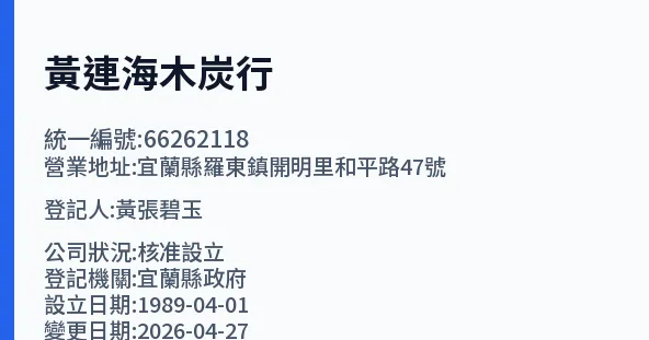 黃連海木炭行的照片-統編 66262118(宜蘭縣) 公司登記資料與營業項目詳細圖表