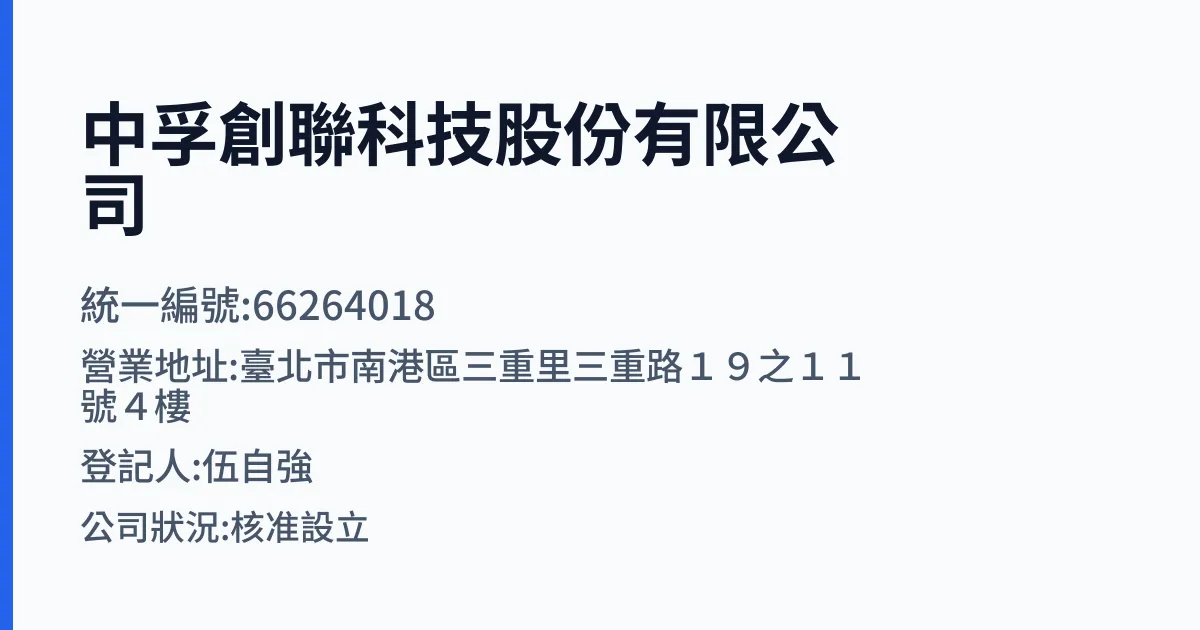 中孚創聯科技股份有限公司 - 統編 66264018(臺北市) 公司登記資料與營業項目詳細圖表