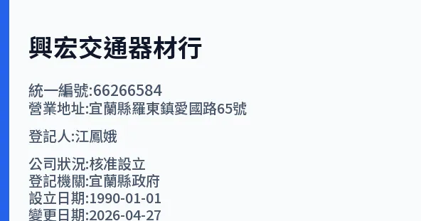 興宏交通器材行的照片-統編 66266584(宜蘭縣) 公司登記資料與營業項目詳細圖表