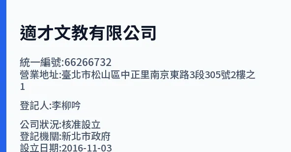 適才文教有限公司的照片-統編 66266732(臺北市) 公司登記資料與營業項目詳細圖表