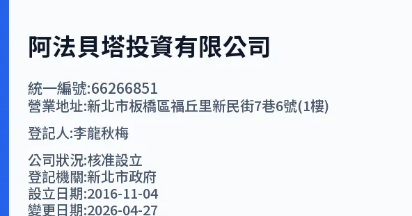 阿法貝塔投資有限公司的照片-統編 66266851(新北市) 公司登記資料與營業項目詳細圖表