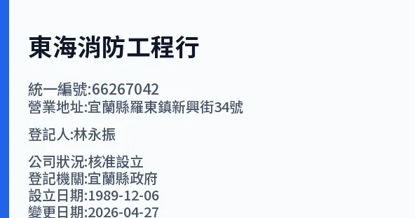 東海消防工程行的照片-統編 66267042(宜蘭縣) 公司登記資料與營業項目詳細圖表