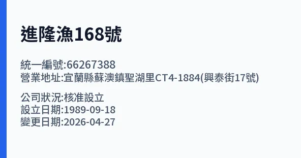 進隆漁168號的照片-統編 66267388(宜蘭縣) 公司登記資料與營業項目詳細圖表