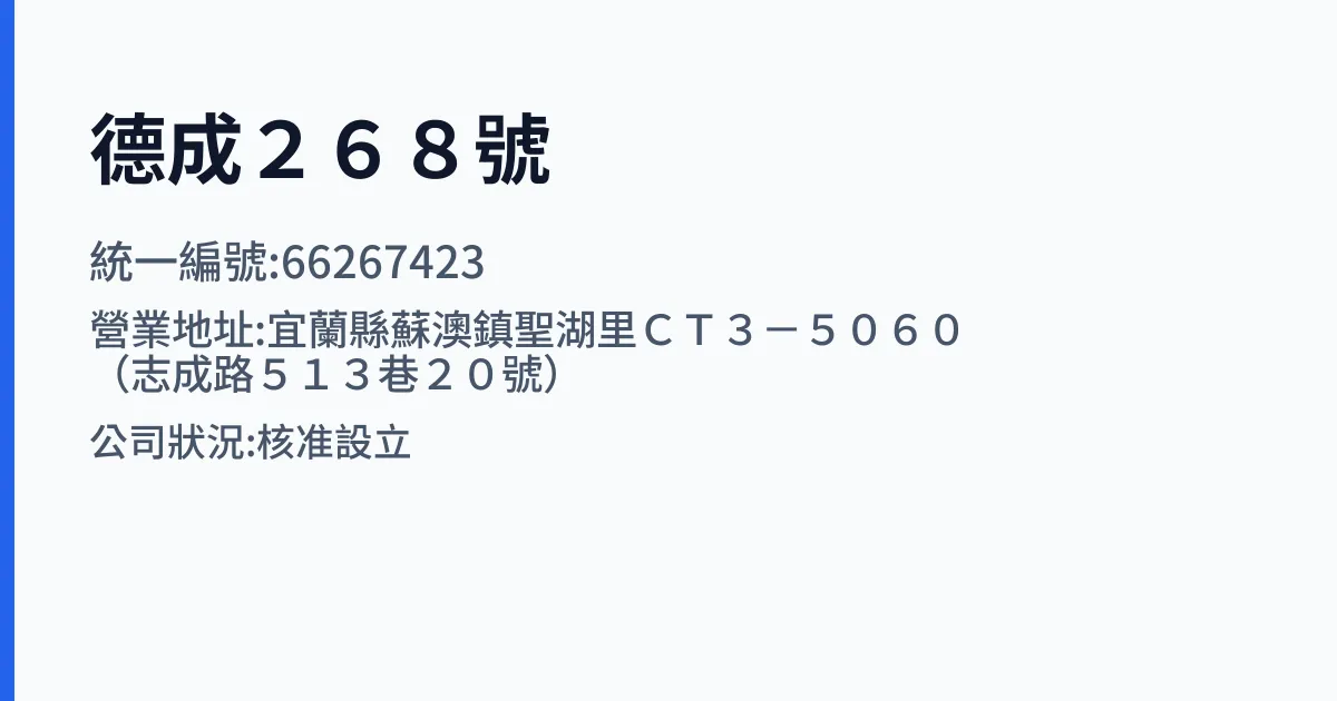 德成２６８號 - 統編 66267423(宜蘭縣) 公司登記資料與營業項目詳細圖表
