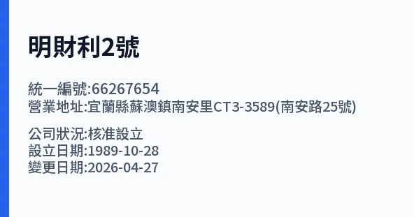 明財利2號的照片-統編 66267654(宜蘭縣) 公司登記資料與營業項目詳細圖表