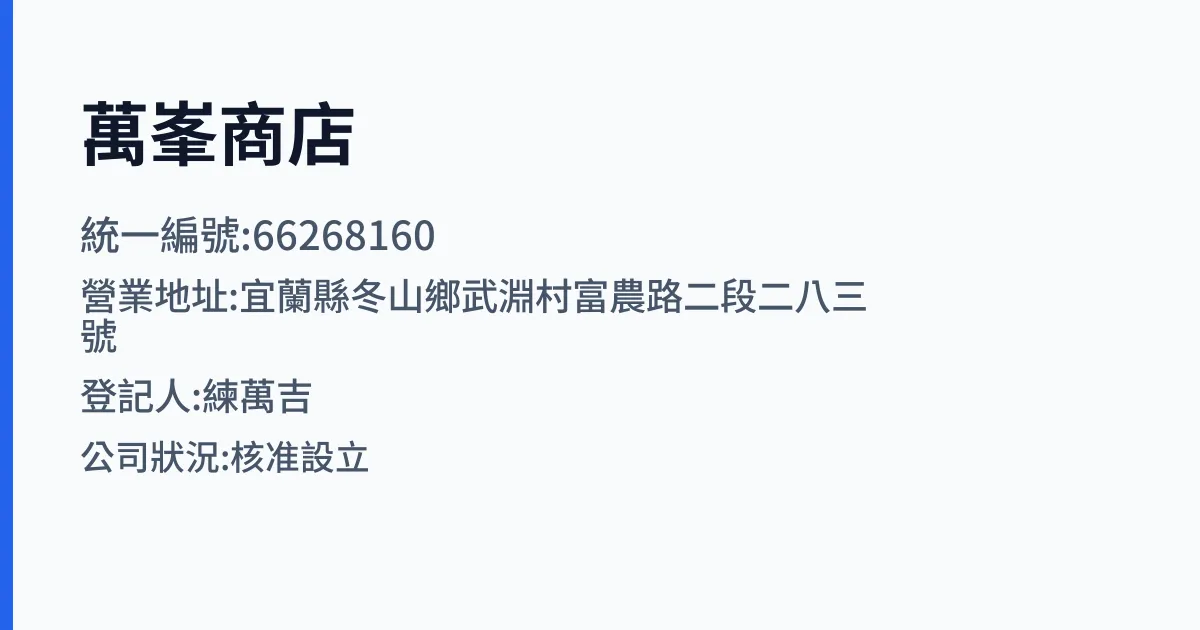 萬峯商店 - 統編 66268160(宜蘭縣) 公司登記資料與營業項目詳細圖表