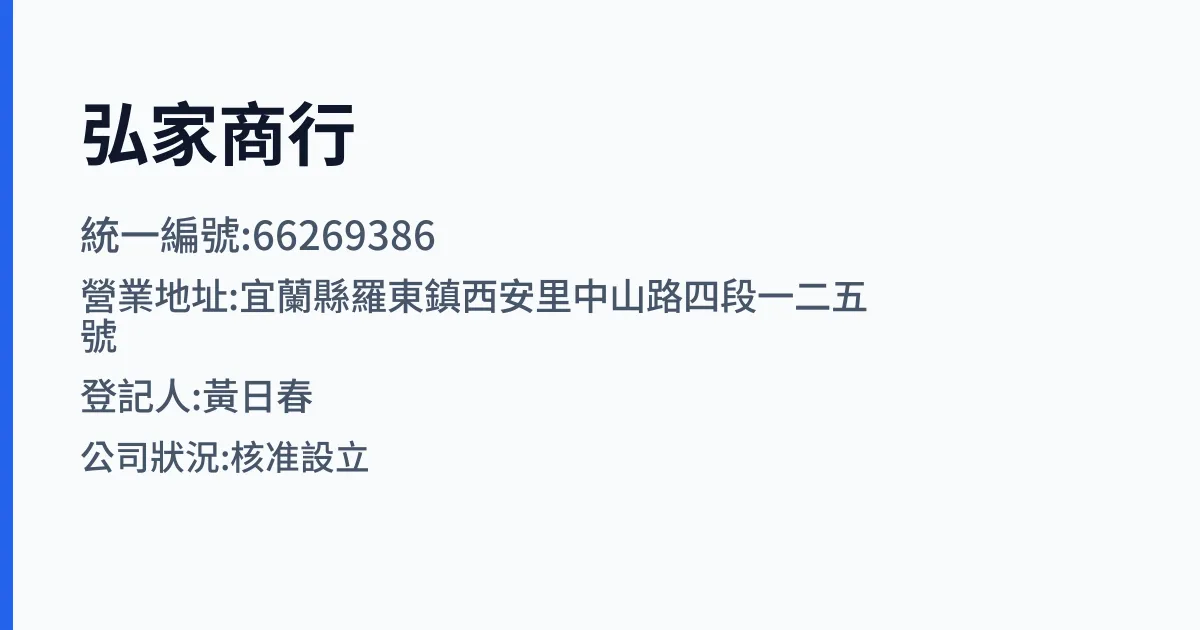 弘家商行 - 統編 66269386(宜蘭縣) 公司登記資料與營業項目詳細圖表