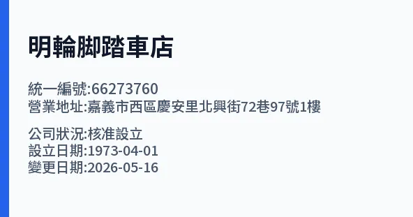 明輪脚踏車店的照片-統編 66273760(嘉義市) 公司登記資料與營業項目詳細圖表