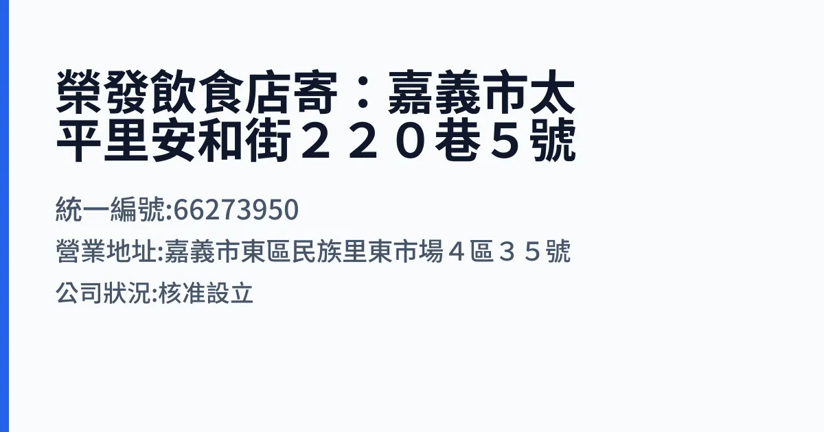 榮發飲食店寄:嘉義市太平里安和街220巷5號 - 統編 66273950(嘉義市) 公司登記資料與營業項目詳細圖表